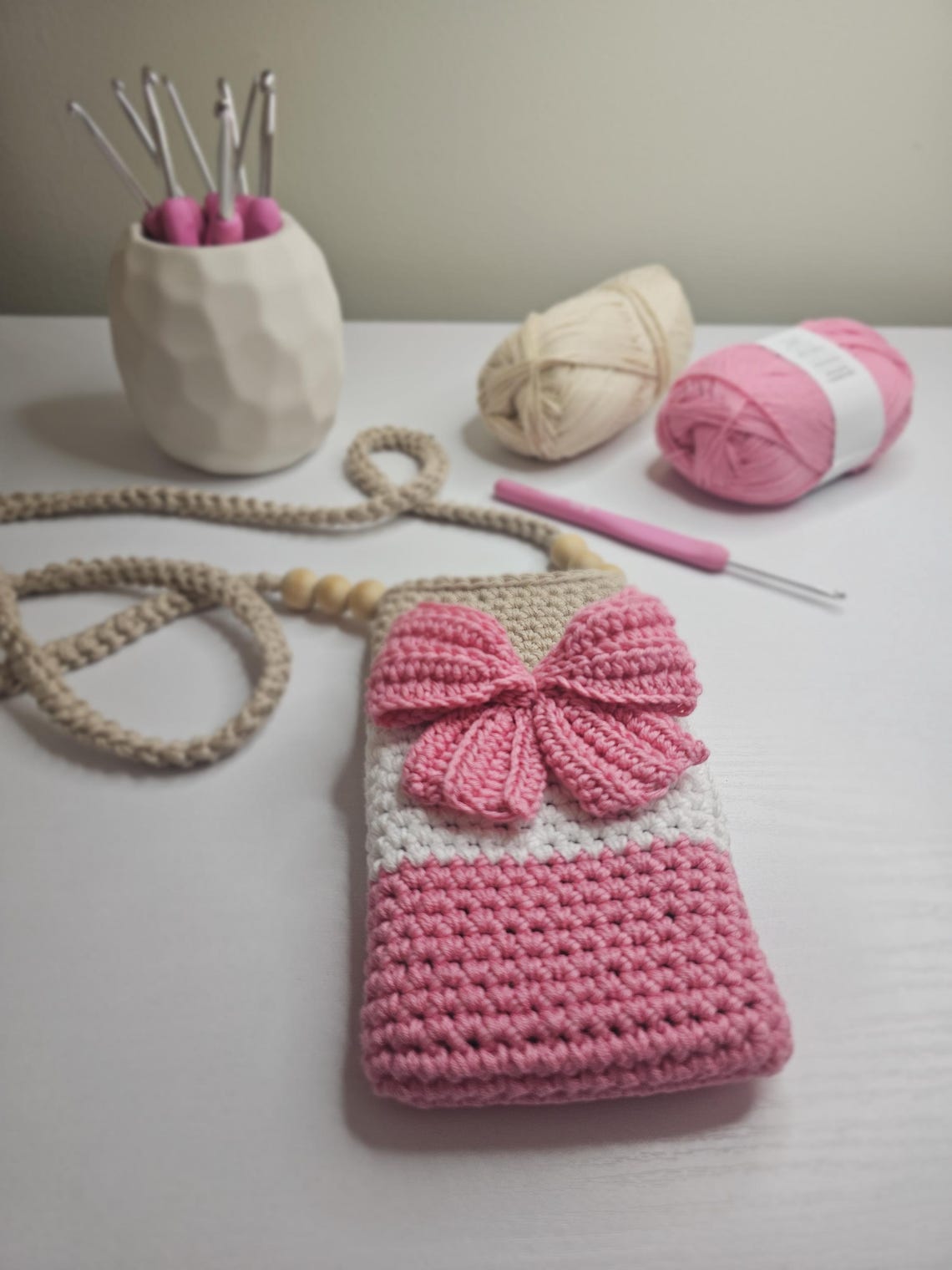 Crochet Crossbody Phone Case, Pink Bow Phone Pouch - Etsy