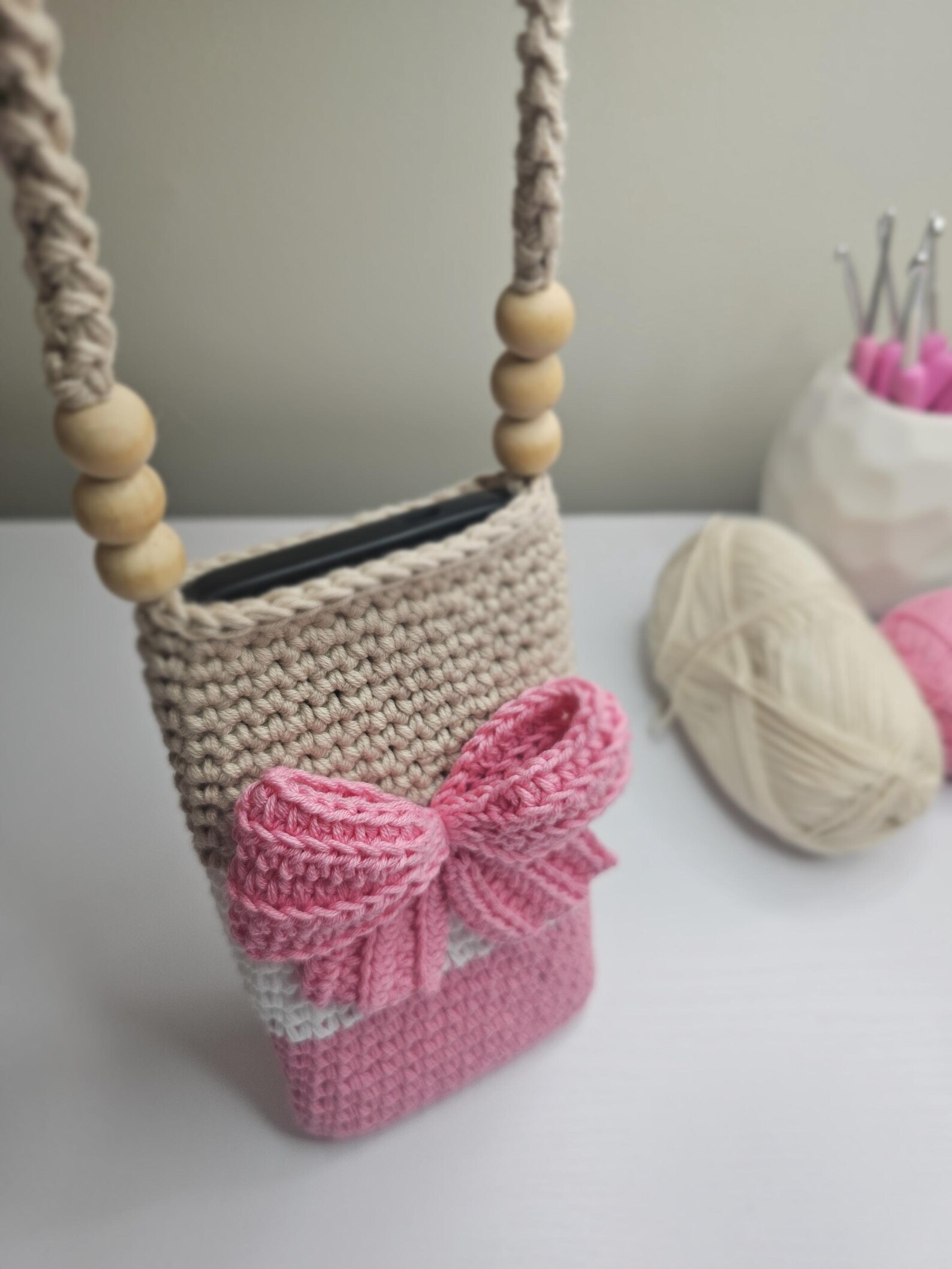 Crochet Crossbody Phone Case, Pink Bow Phone Pouch - Etsy
