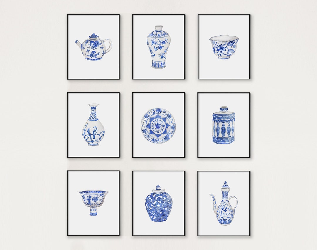 Watercolor Chinoiserie Prints: Blue & White Porcelain Art (digital ...