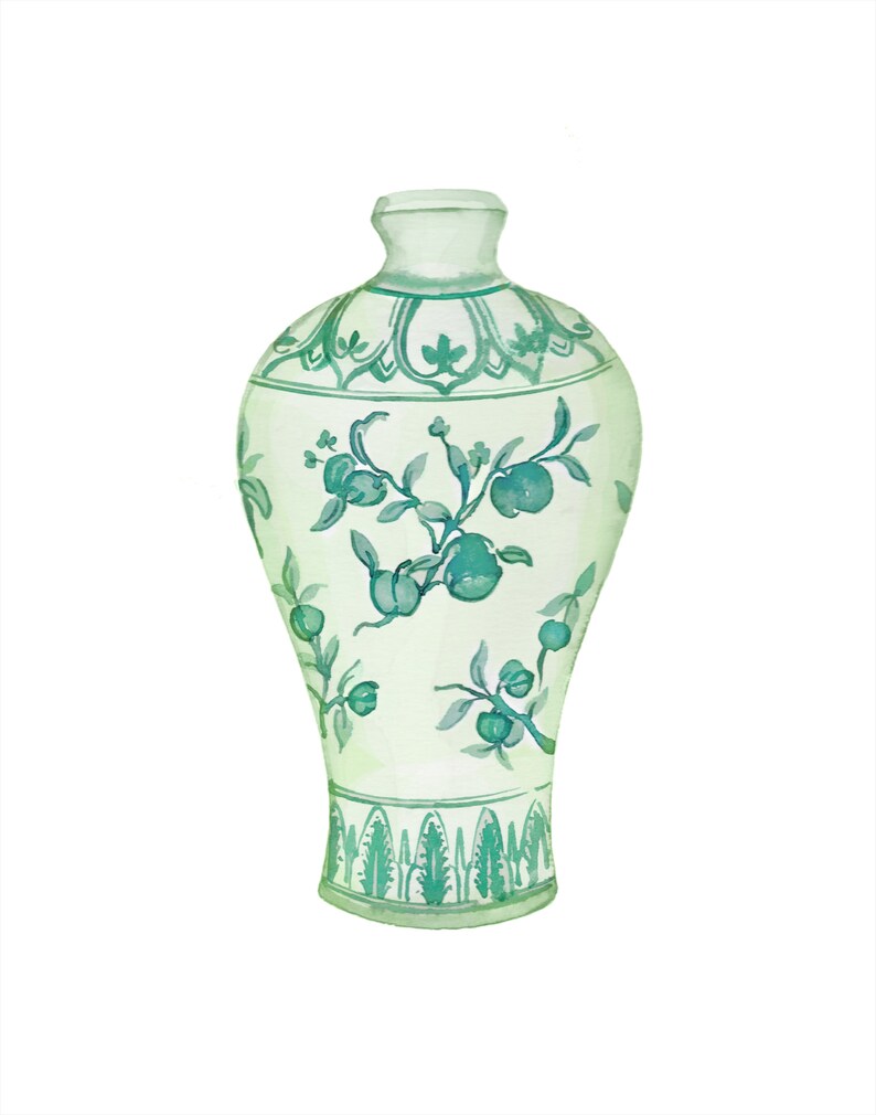 Chinoiserie Vase Print Set: Watercolor Jade Green Art (digital Download ...