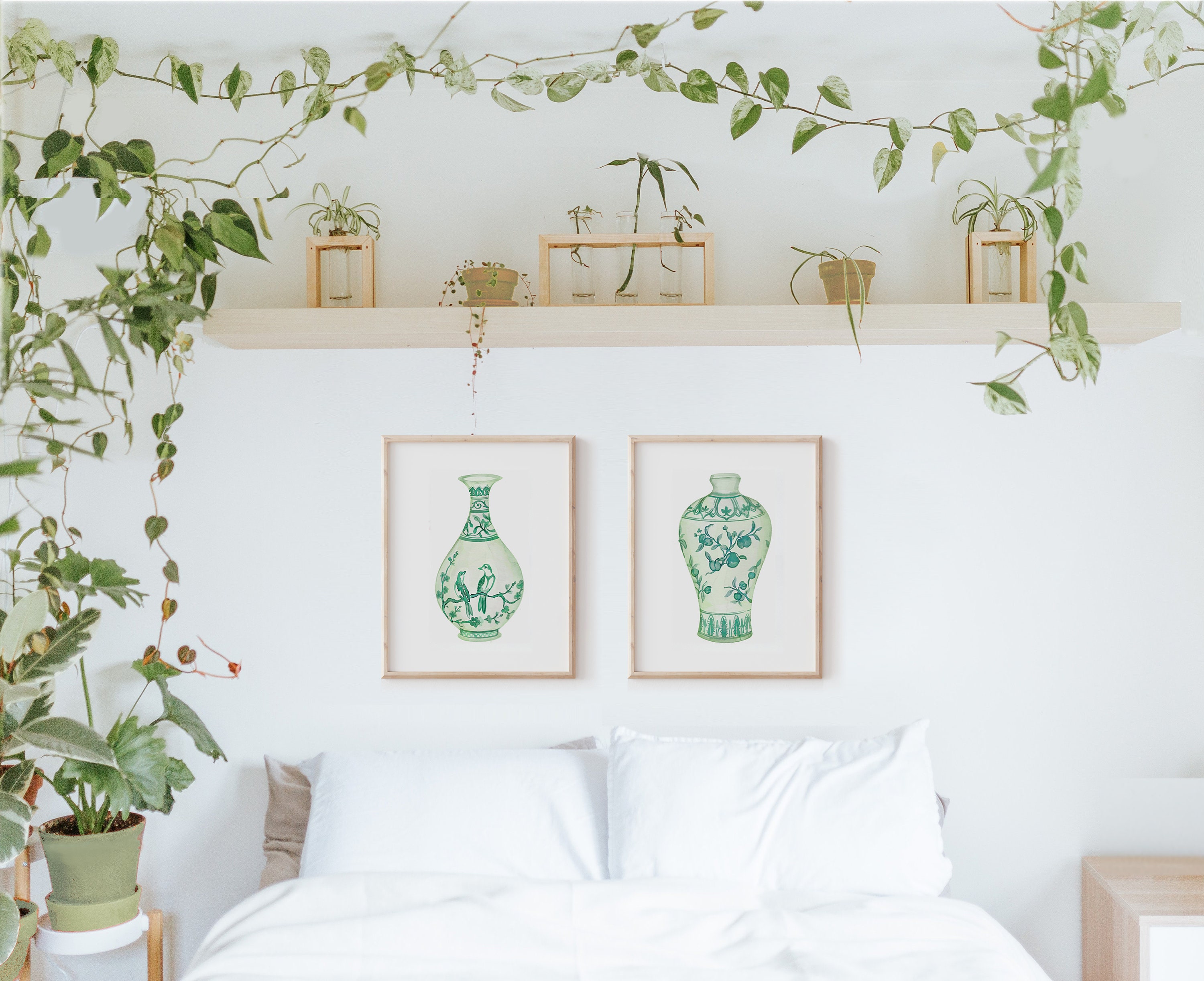Chinoiserie Vase Print Set: Watercolor Jade Green Art (digital Download ...