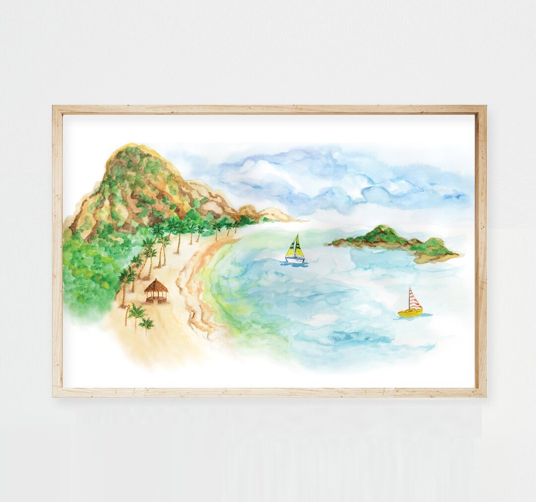 Watercolor Tropical Island Printable Art, Instant Download Watercolour ...