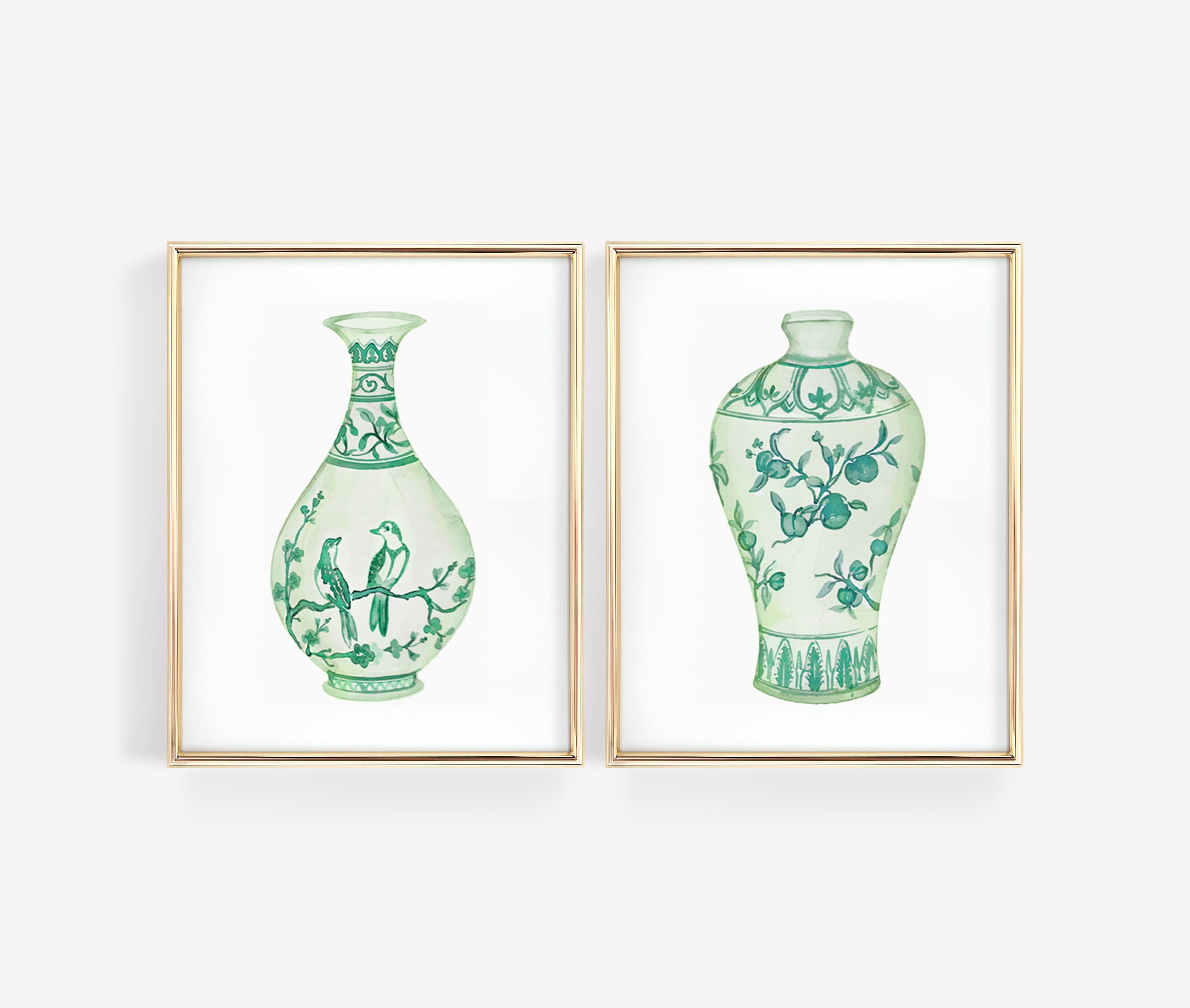 Chinoiserie Vase Print Set: Watercolor Jade Green Art (digital Download ...