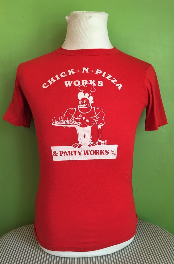 Vintage 1980s Chick N Pizza Works Red 80s tee tshirt … - Gem