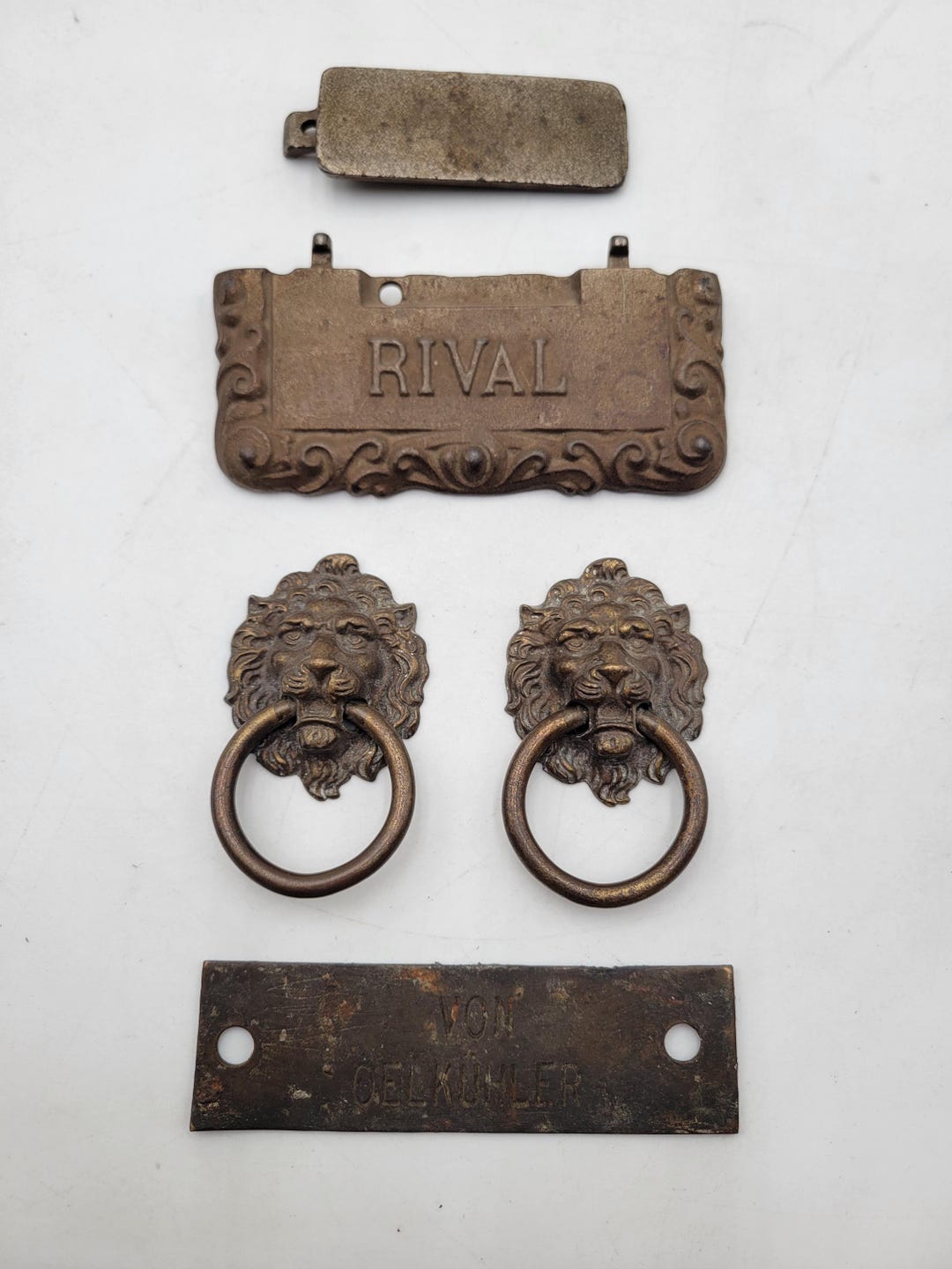 Vintage Hardware Lot | Rival Nameplate, Lion Head Pulls, Industrial ...