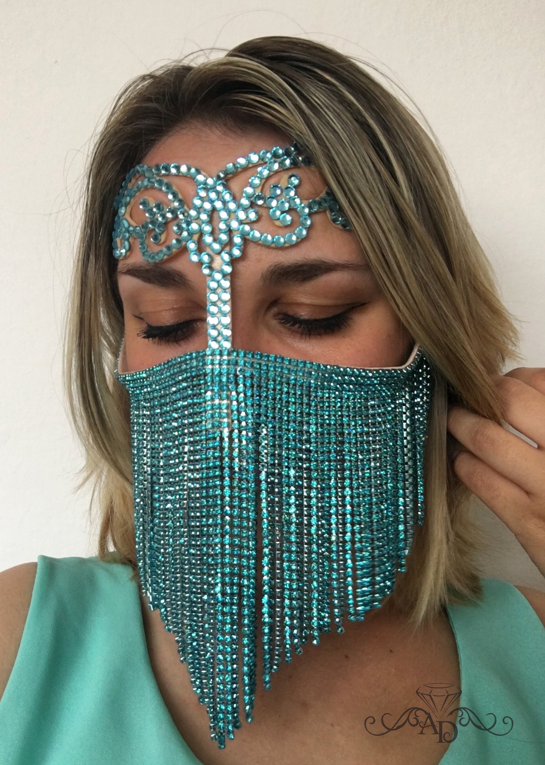 Turquoise Chain Face Mask, Turquiose Girls Mask, Face Chain Jewelry ...