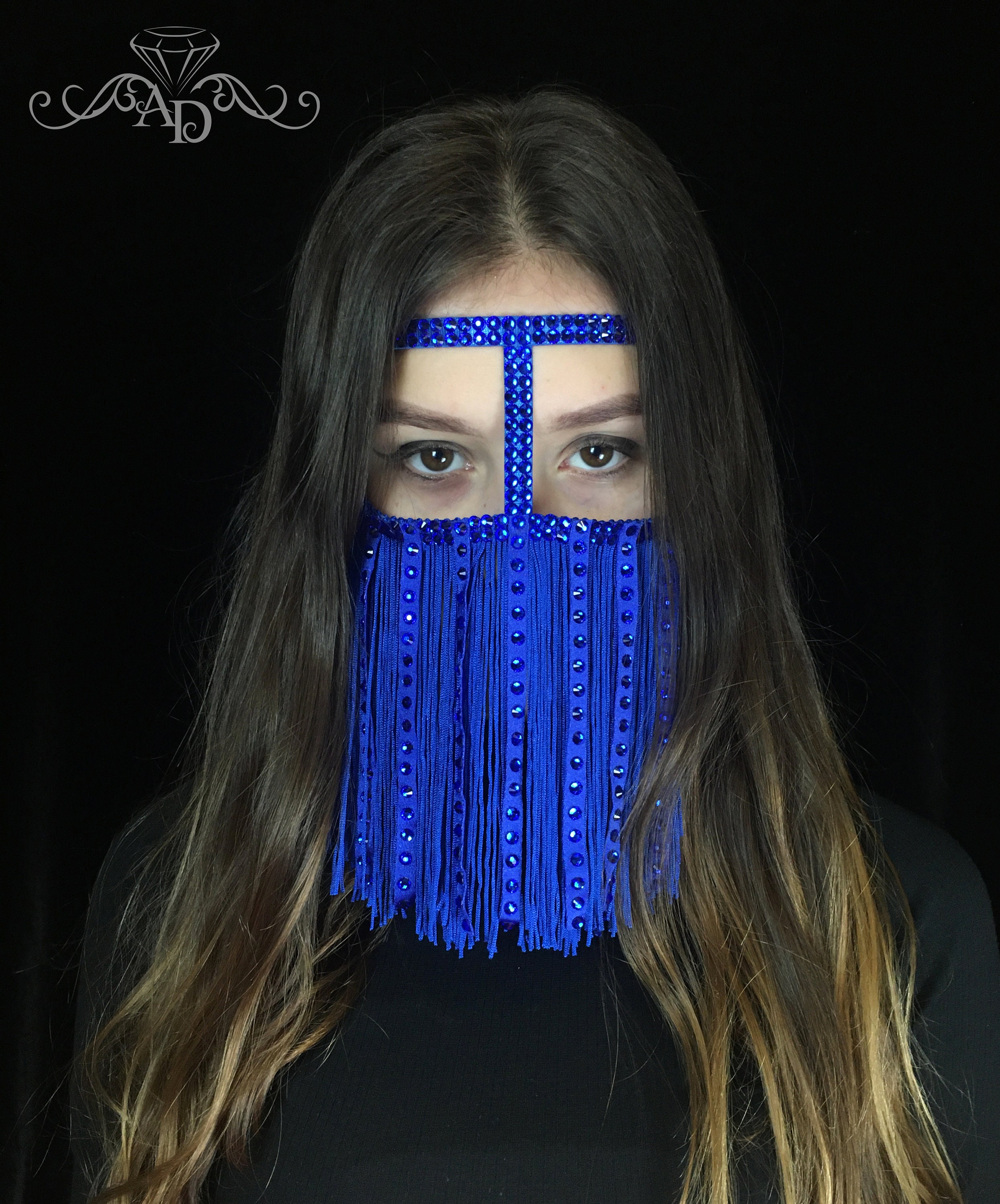 Blue Fringe Face Mask, Blue Girl Mask, Face Chain Jewelry, Arabian Face ...