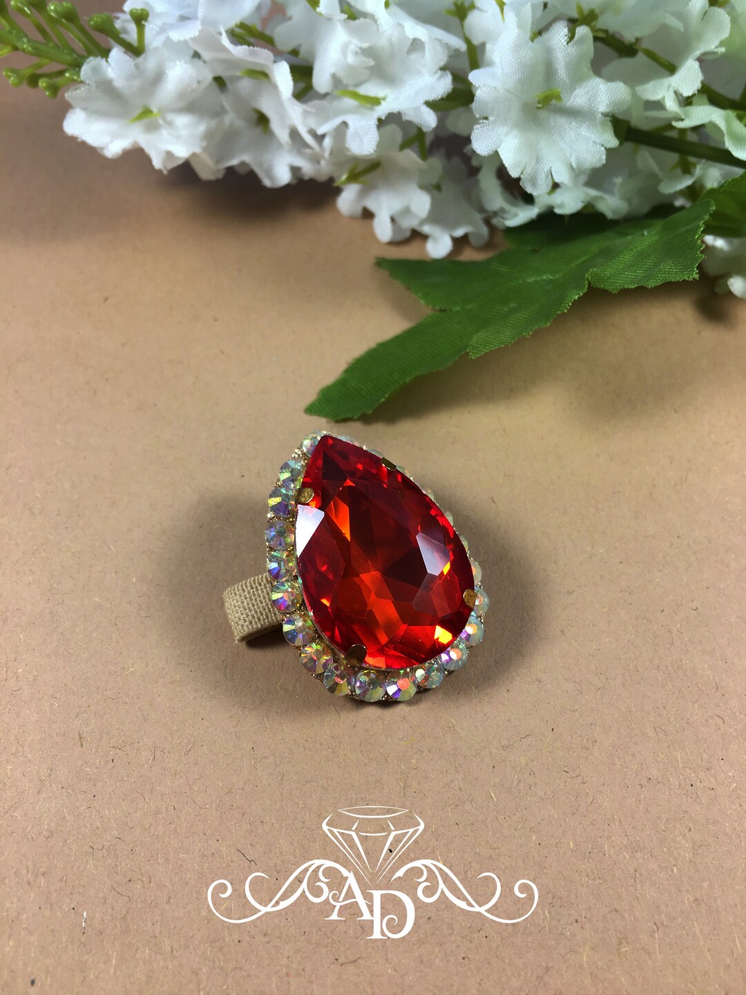 Teadrop Crystal Ring, Light Siam Ring, Rhinestone Ring, Rings for Women ...