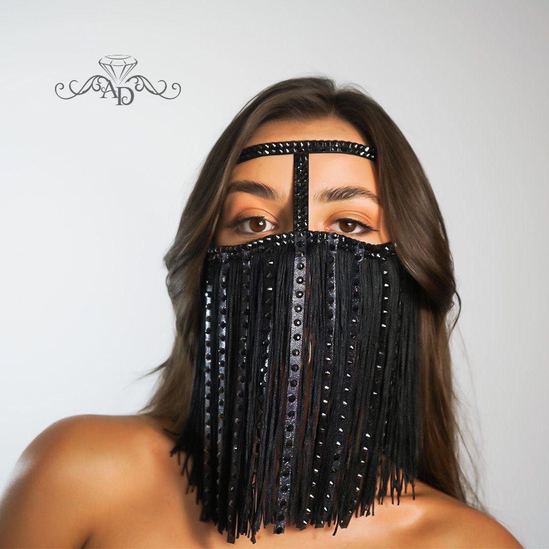 Black Fringe Face Mask, Black Girls Mask, Face Chain Jewelry, Arabian ...