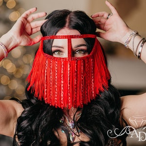 Red Fringe Face Mask, Red Girls Mask, Face Chain Jewelry, Arabian Face ...