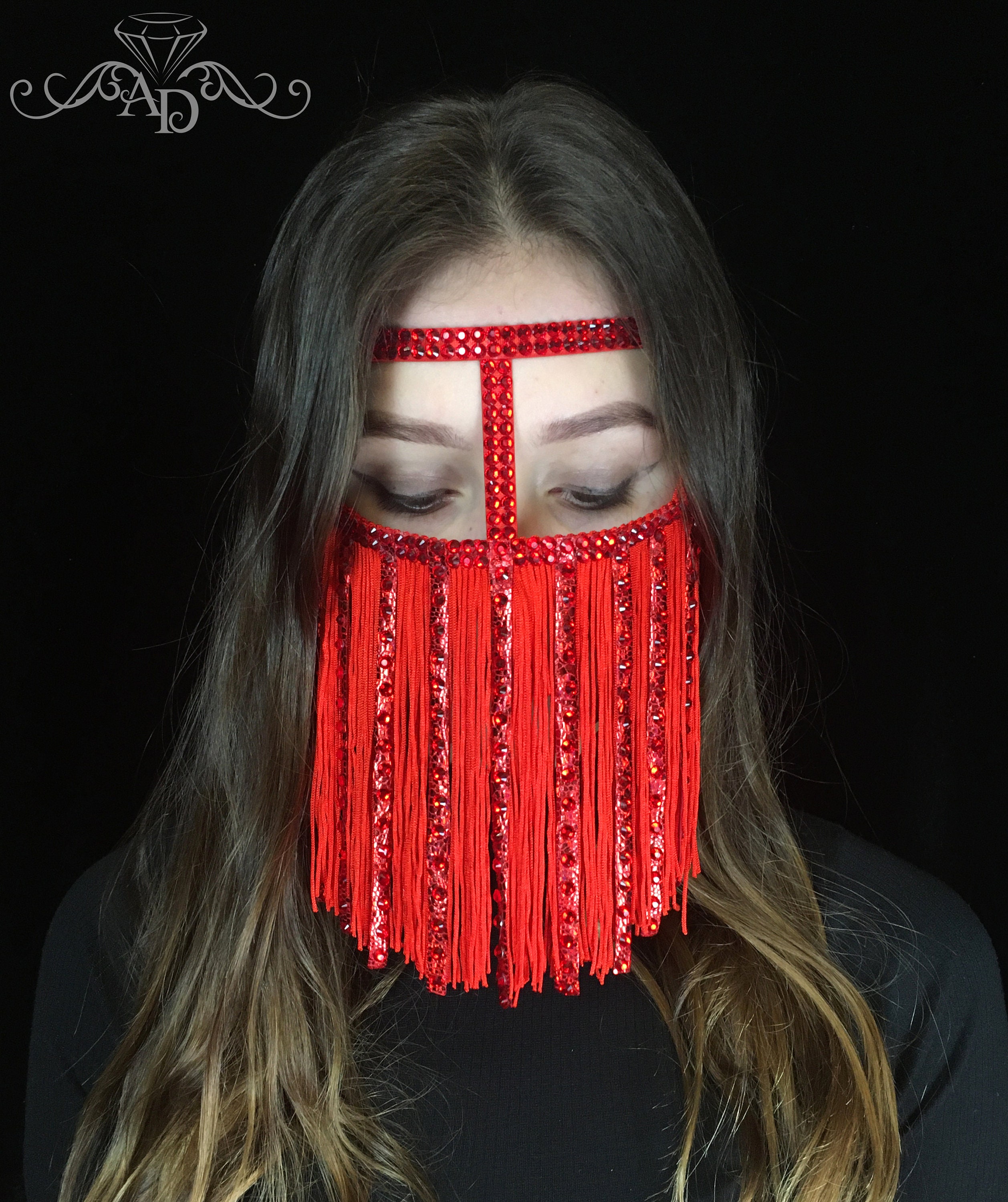 Red Fringe Face Mask, Red Girls Mask, Face Chain Jewelry, Arabian Face ...