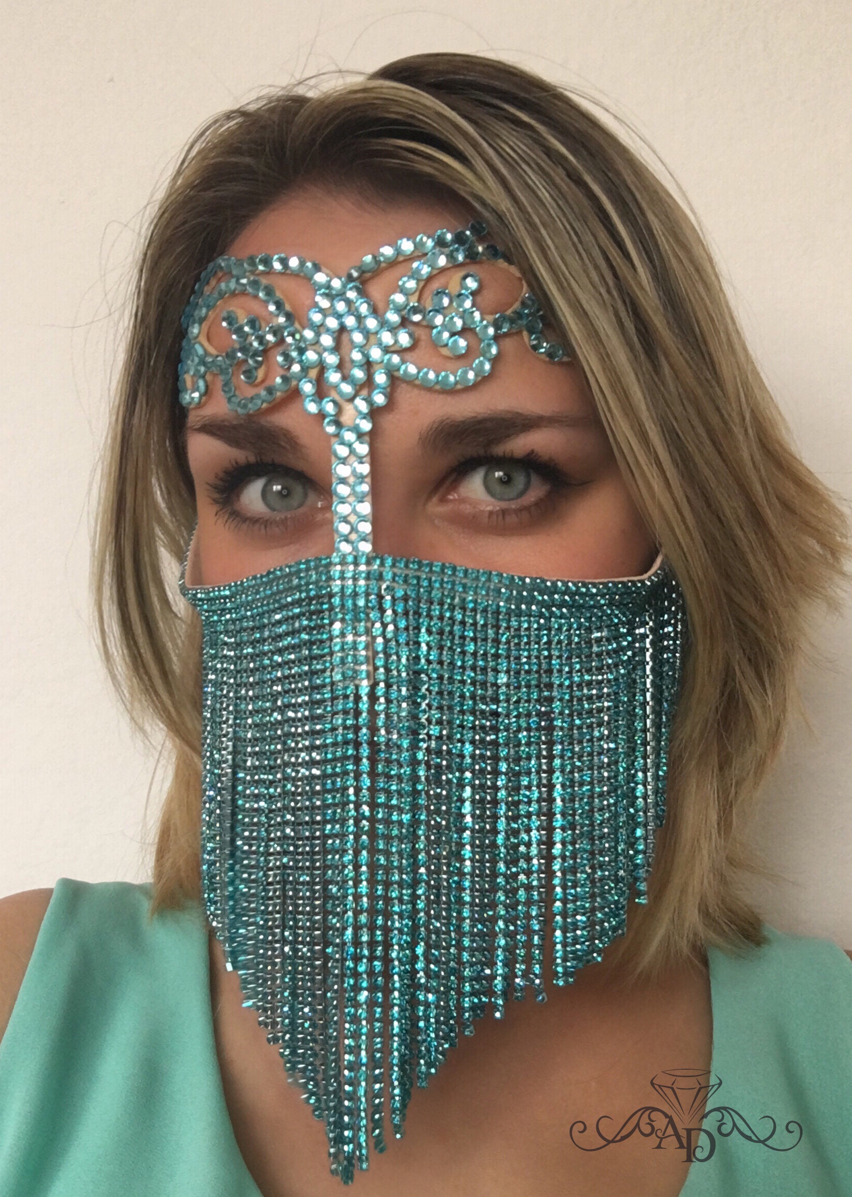 Turquoise Chain Face Mask, Turquiose Girls Mask, Face Chain Jewelry ...