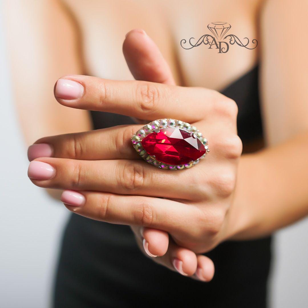 Teadrop Crystal Ring, Light Siam Ring, Rhinestone Ring, Rings for Women ...