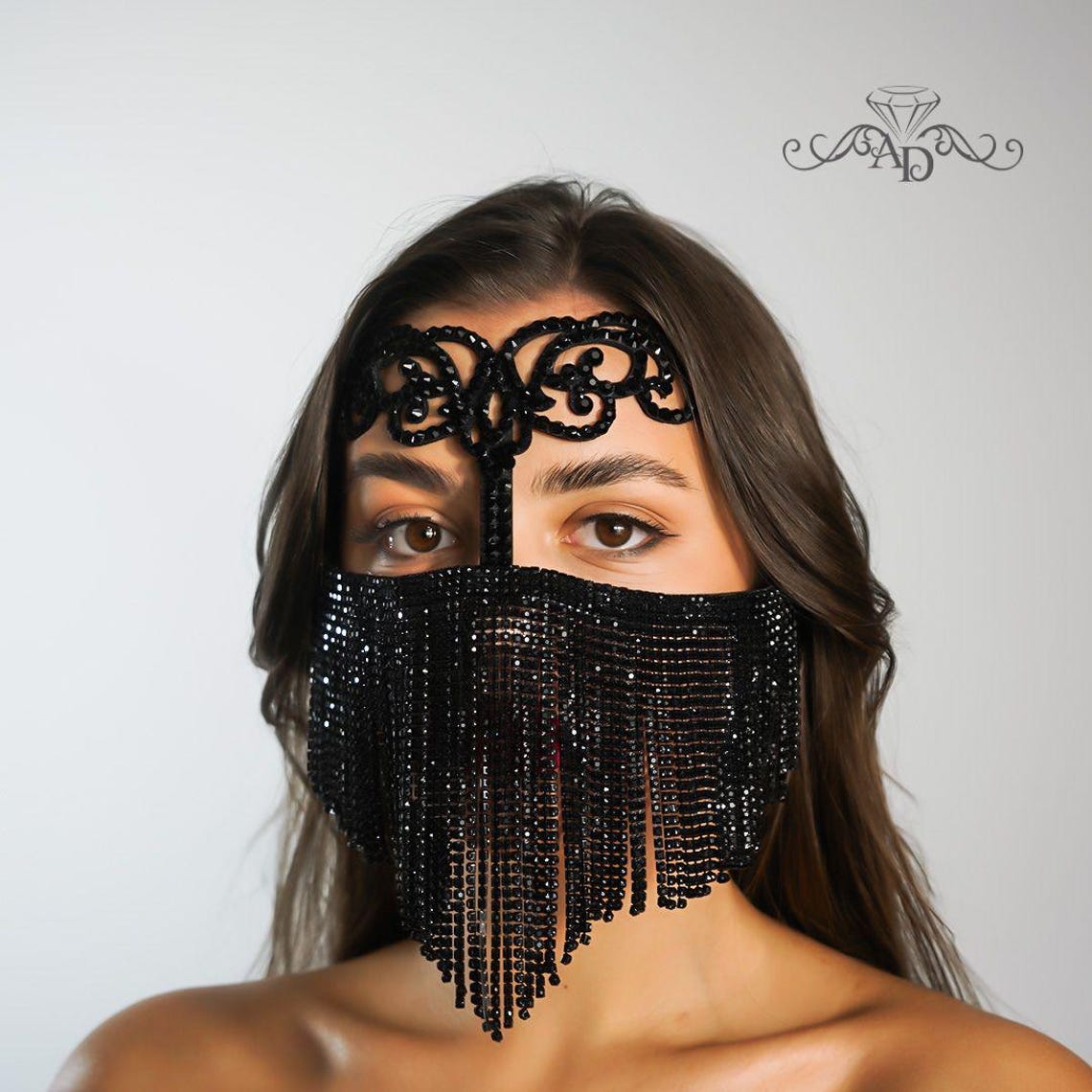 Black Chain Face Mask, Black Girls Mask, Face Chain Jewelry, Arabian ...