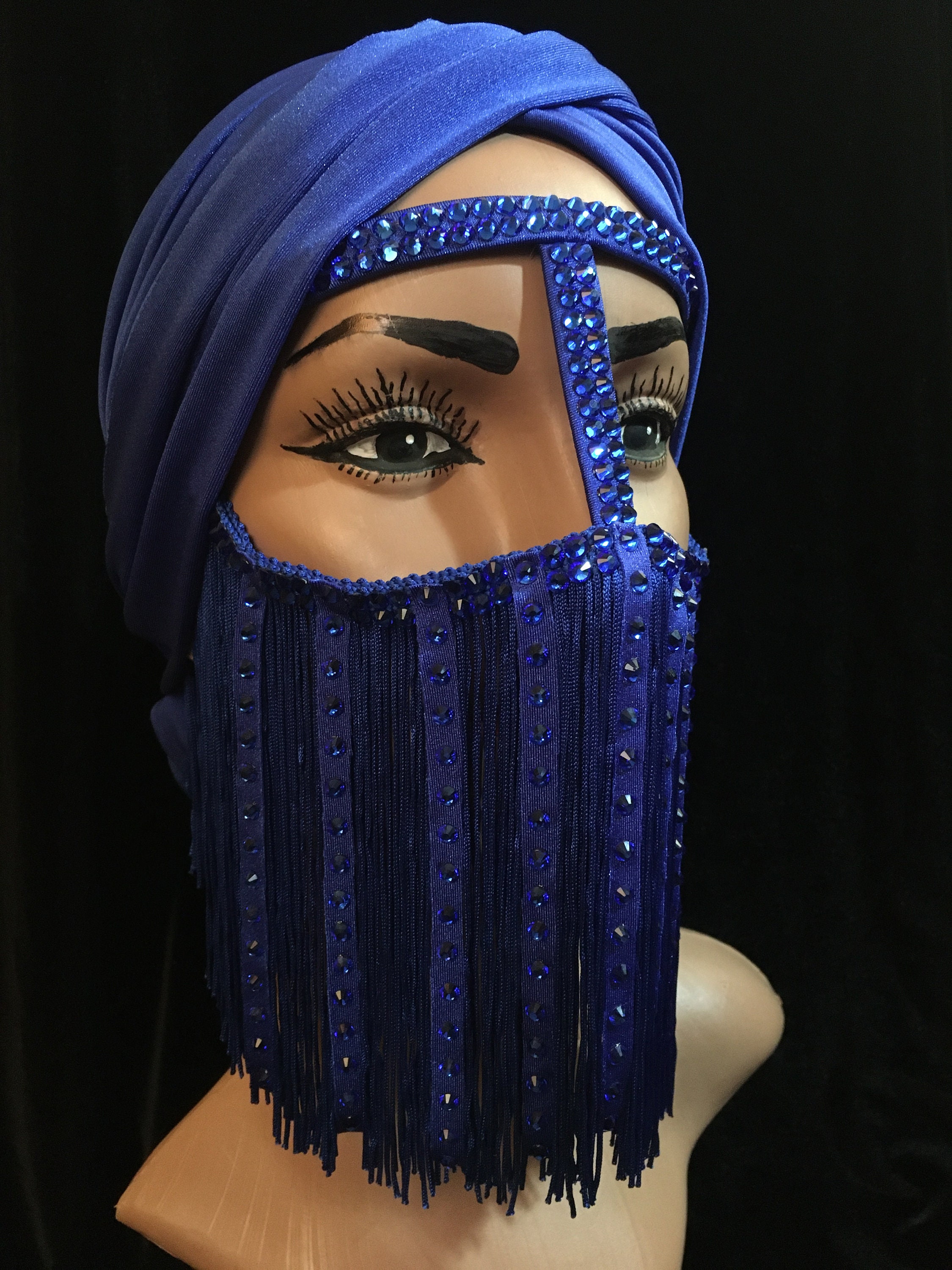 Blue Fringe Face Mask, Blue Girl Mask, Face Chain Jewelry, Arabian Face ...