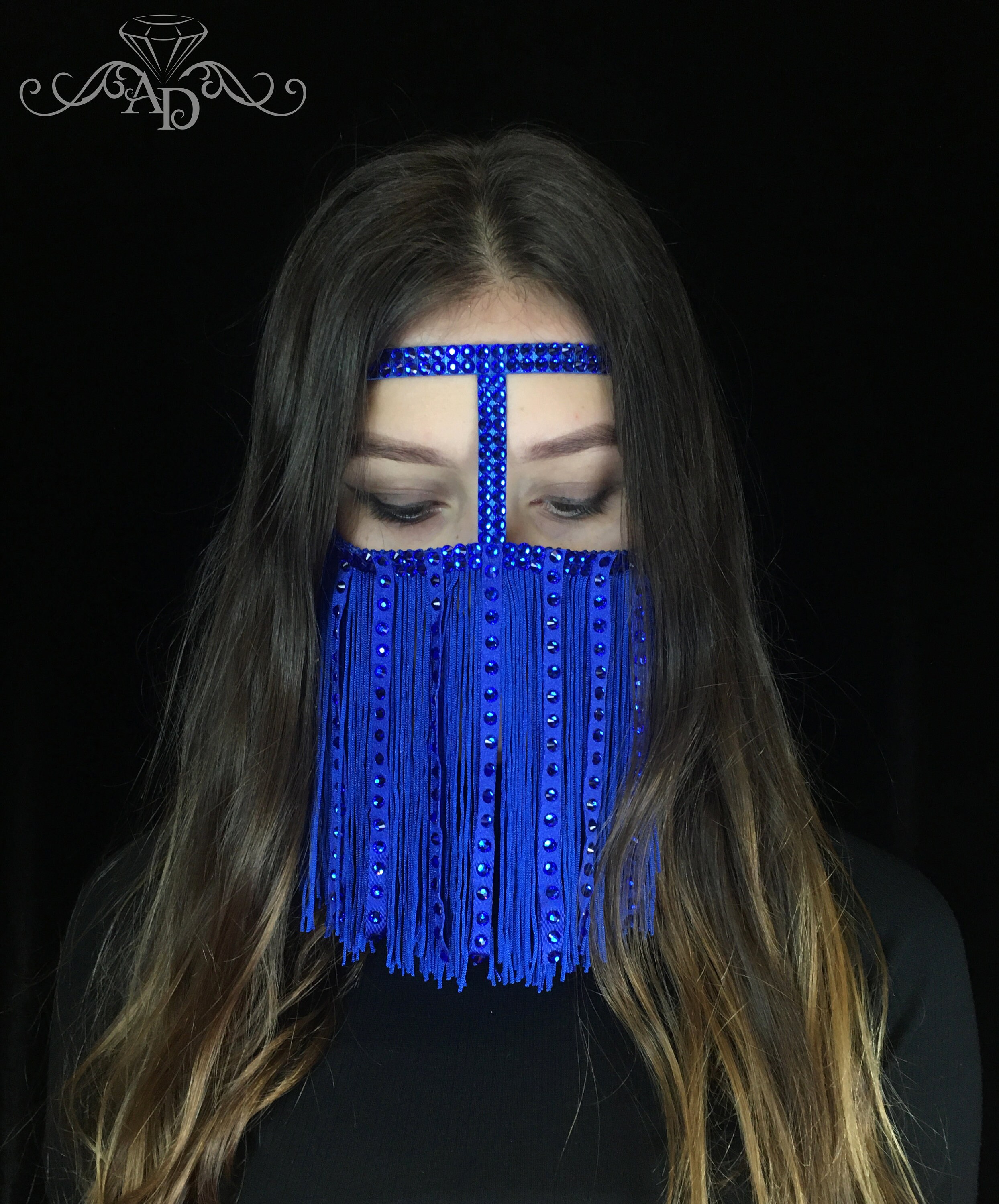 Blue Fringe Face Mask, Blue Girl Mask, Face Chain Jewelry, Arabian Face ...