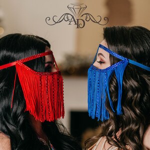 Blue Fringe Face Mask, Blue Girl Mask, Face Chain Jewelry, Arabian Face ...