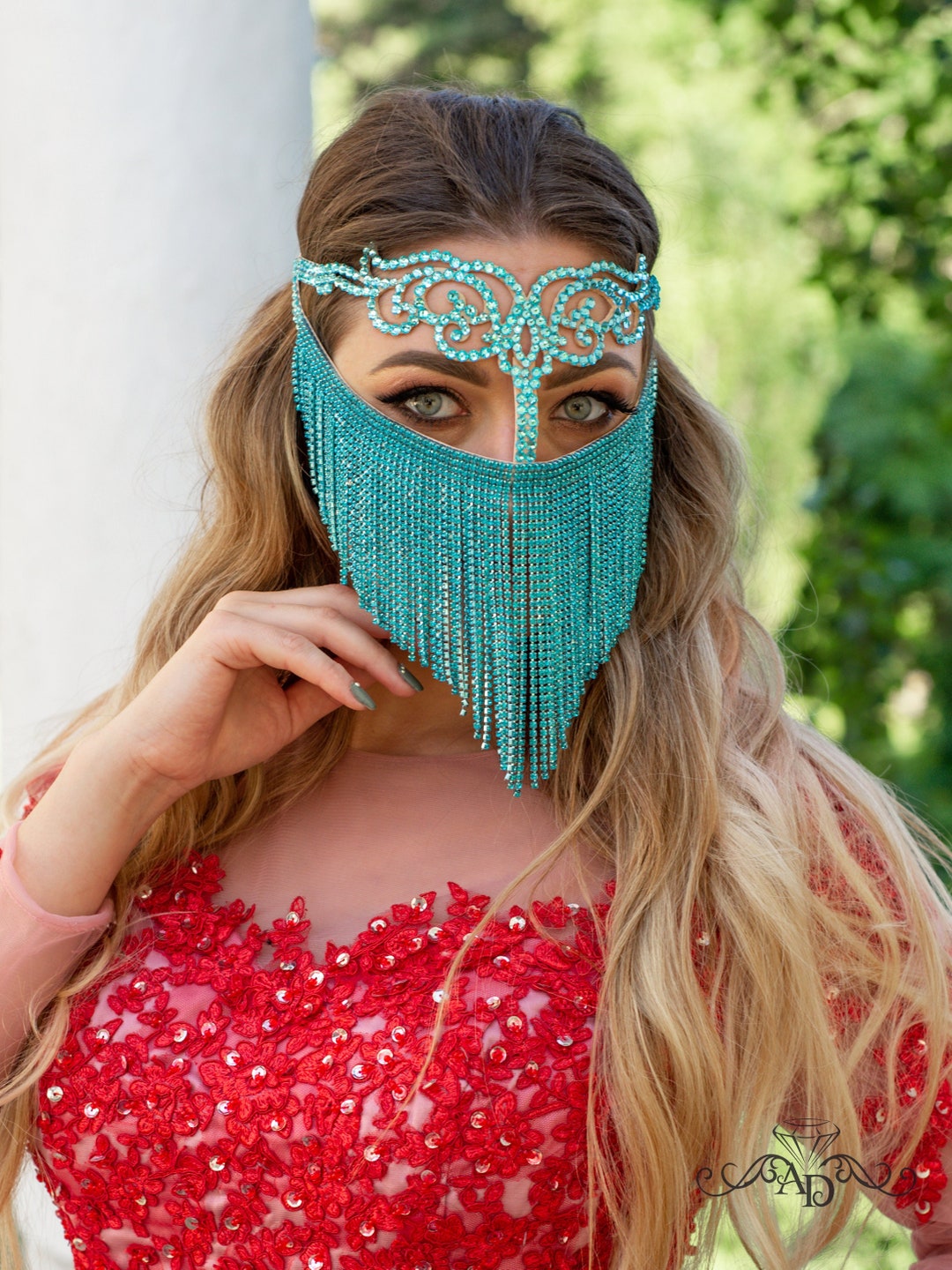 Chain Face Mask, Turquiose Girls Mask, Face Chain Jewelry, Arabian Face ...