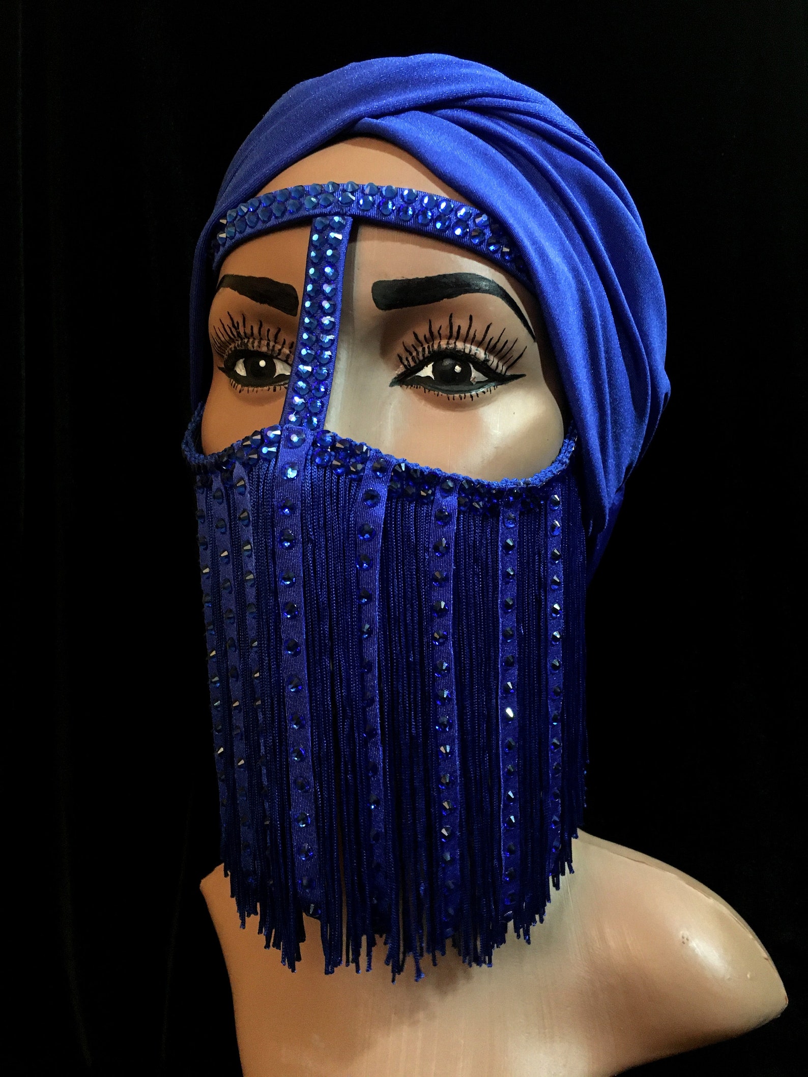 Blue Fringe Face Mask, Blue Girl Mask, Face Chain Jewelry, Arabian Face ...