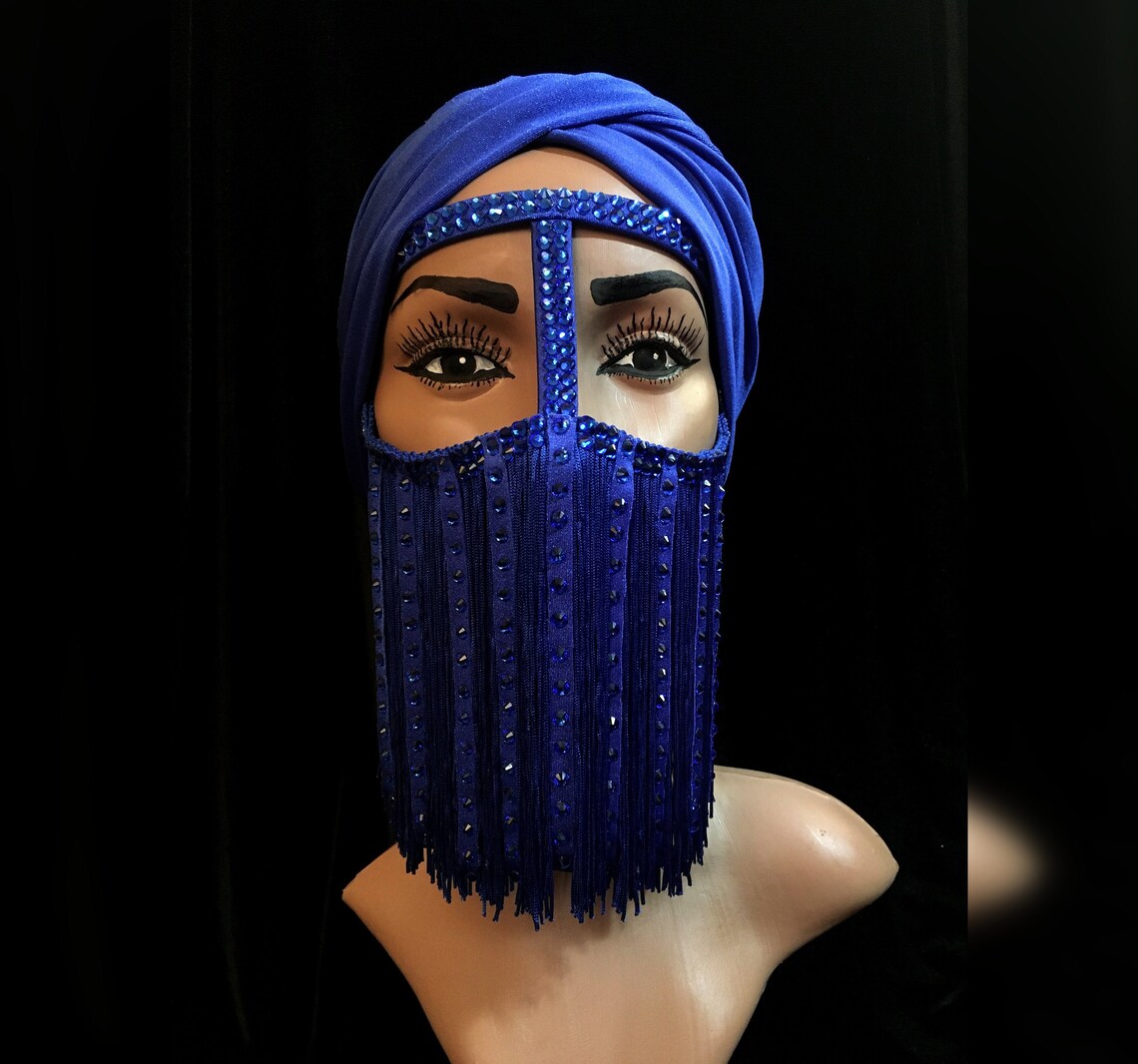 Blue Fringe Face Mask, Blue Girl Mask, Face Chain Jewelry, Arabian Face ...