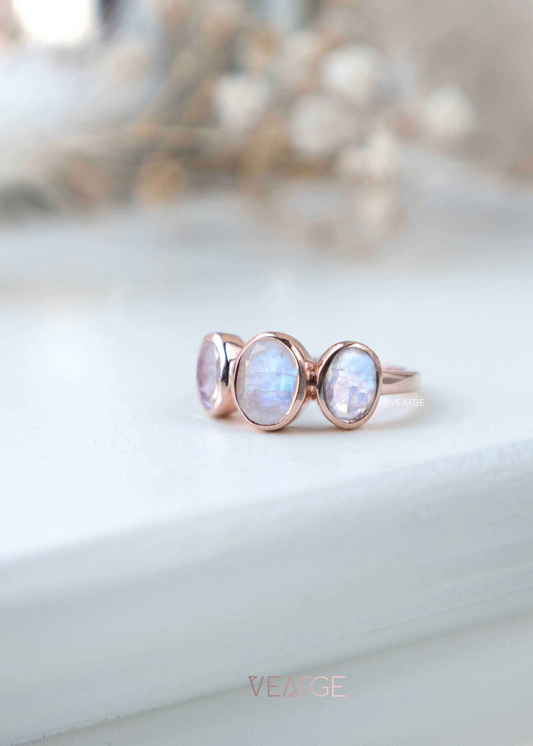 Rose Gold Moonstone Ring, Three Moonstone Statement Ring, Trilogy Rings ...