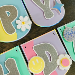 Groovy Disco Theme Birthday Banner | Happy Face Daisy Peace Heart ...