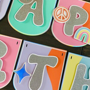 Groovy Disco Theme Birthday Banner | Happy Face Daisy Peace Heart ...