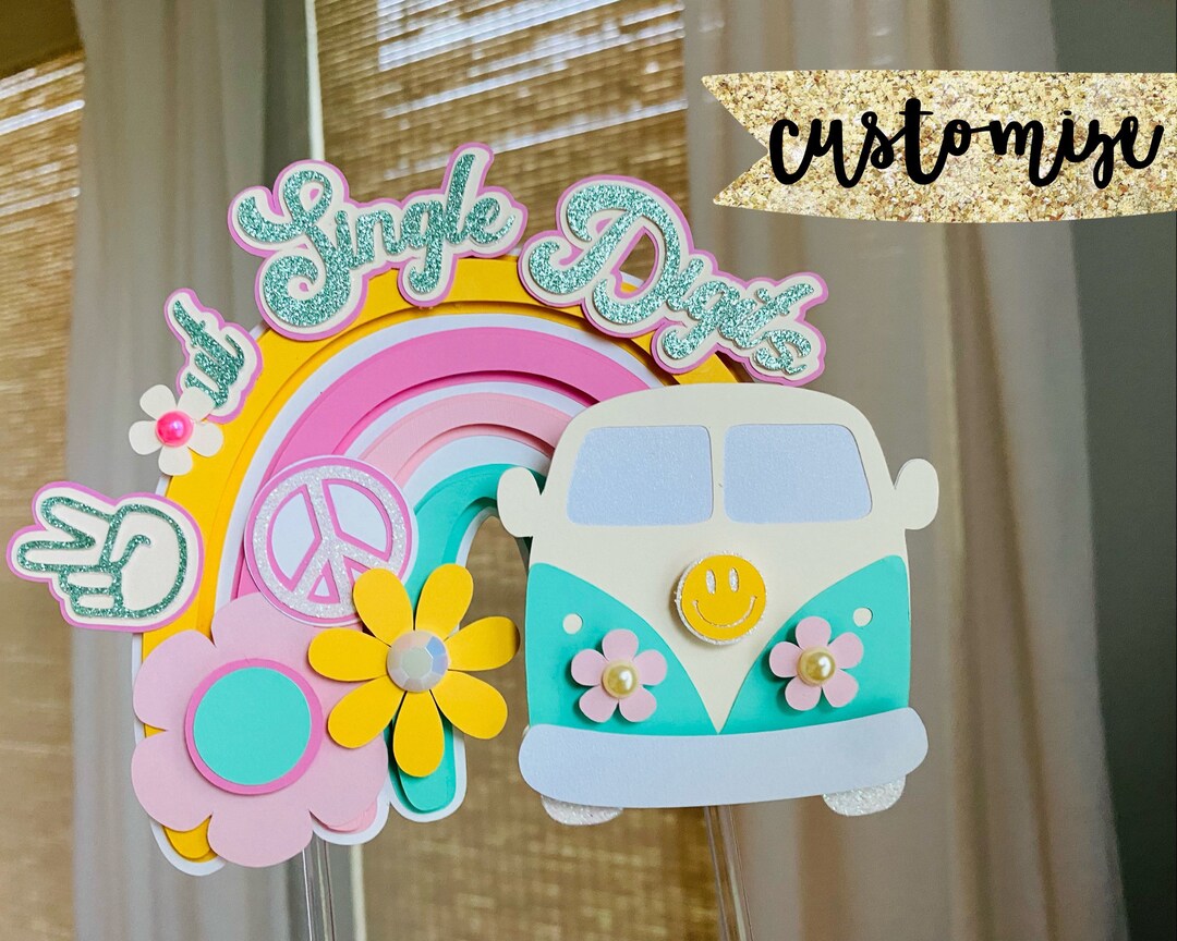Mint Pink Groovy Rainbow Cake Topper | Birthday Party Decor | Retro Bus ...