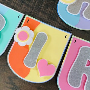 Groovy Disco Theme Birthday Banner | Happy Face Daisy Peace Heart ...