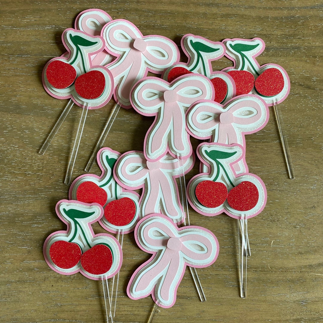 Bow and Cherry Theme Cupcake Toppers | Coquette - Etsy