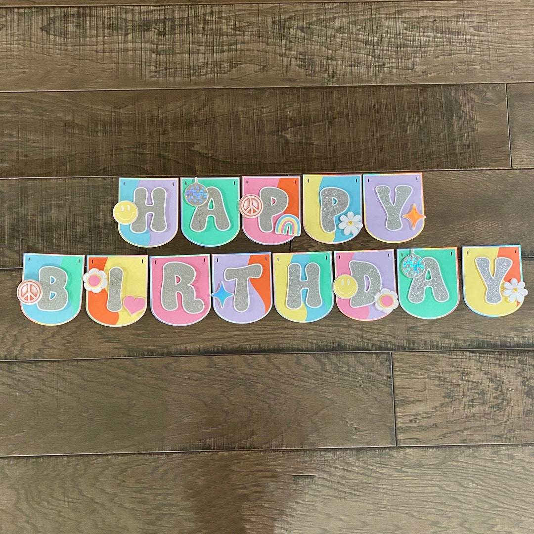 Groovy Disco Theme Birthday Banner | Happy Face Daisy Peace Heart ...