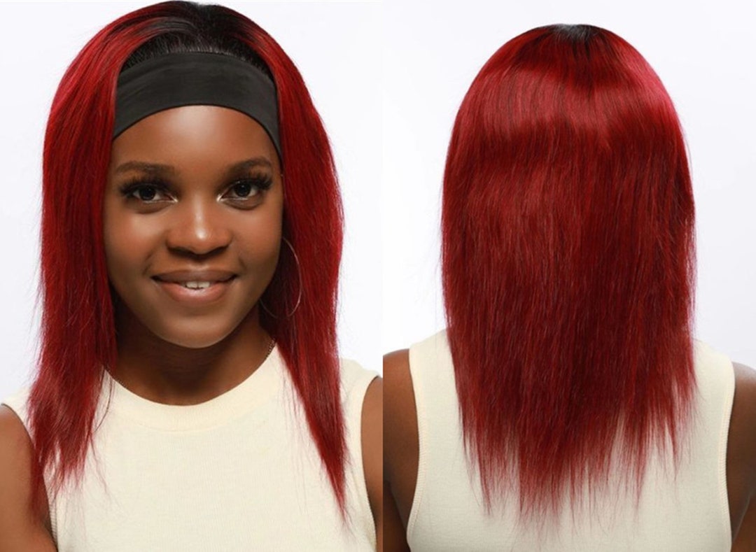 Red Hair Headband Wig Ombre 2 Tone Black Root Red Hair Band - Etsy