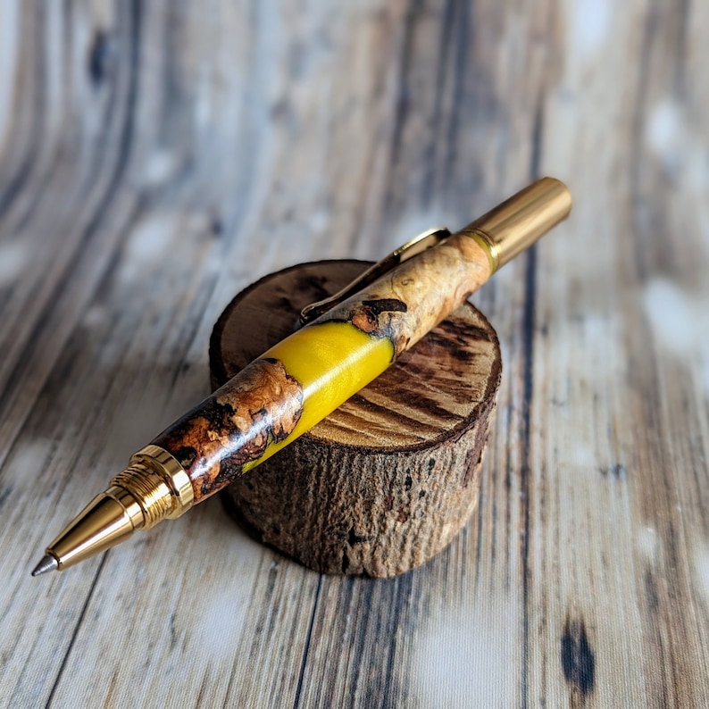 Handmade Coloured Resin and Silver Birch Burr Rollerball Pens Gold ...