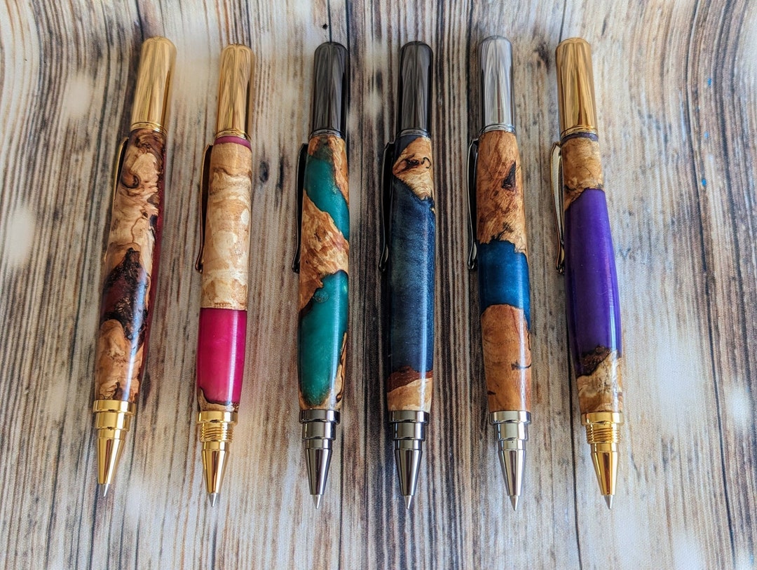 Handmade Resin and Silver Birch Burr Rollerball Pens Assorted Colours ...