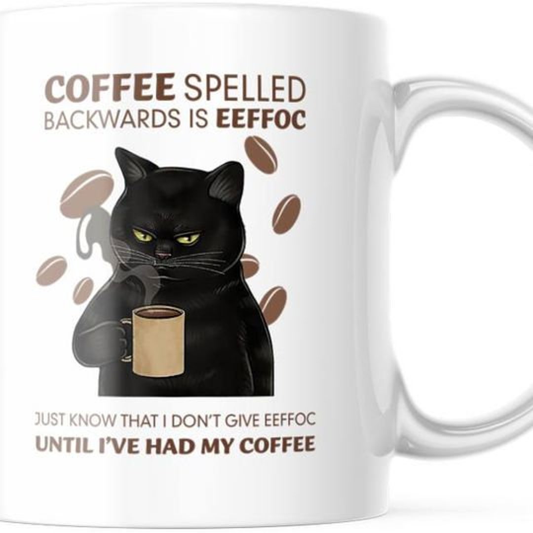 Funny Coffee Cat Mug EEFFOC is Coffee Spelled Backwards. 11 OZ Cute Cup ...