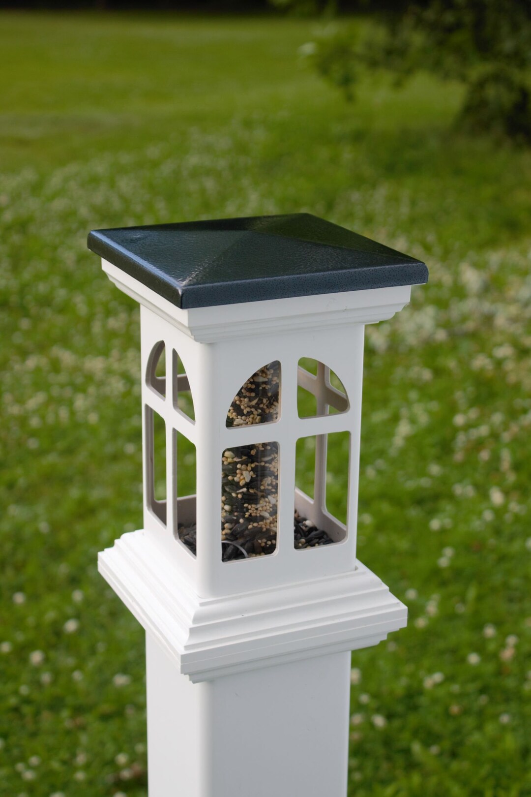 4 Inch PVC Post Mount Cathedral Bird SM Tube Feeder With Black Aluminum ...