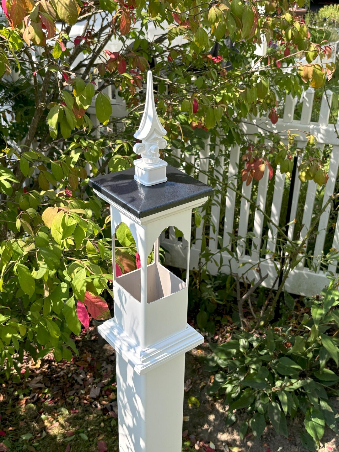 White 4" PVC Post Mount Bird Feeder With Metal Top Spire Cap- Tray ...