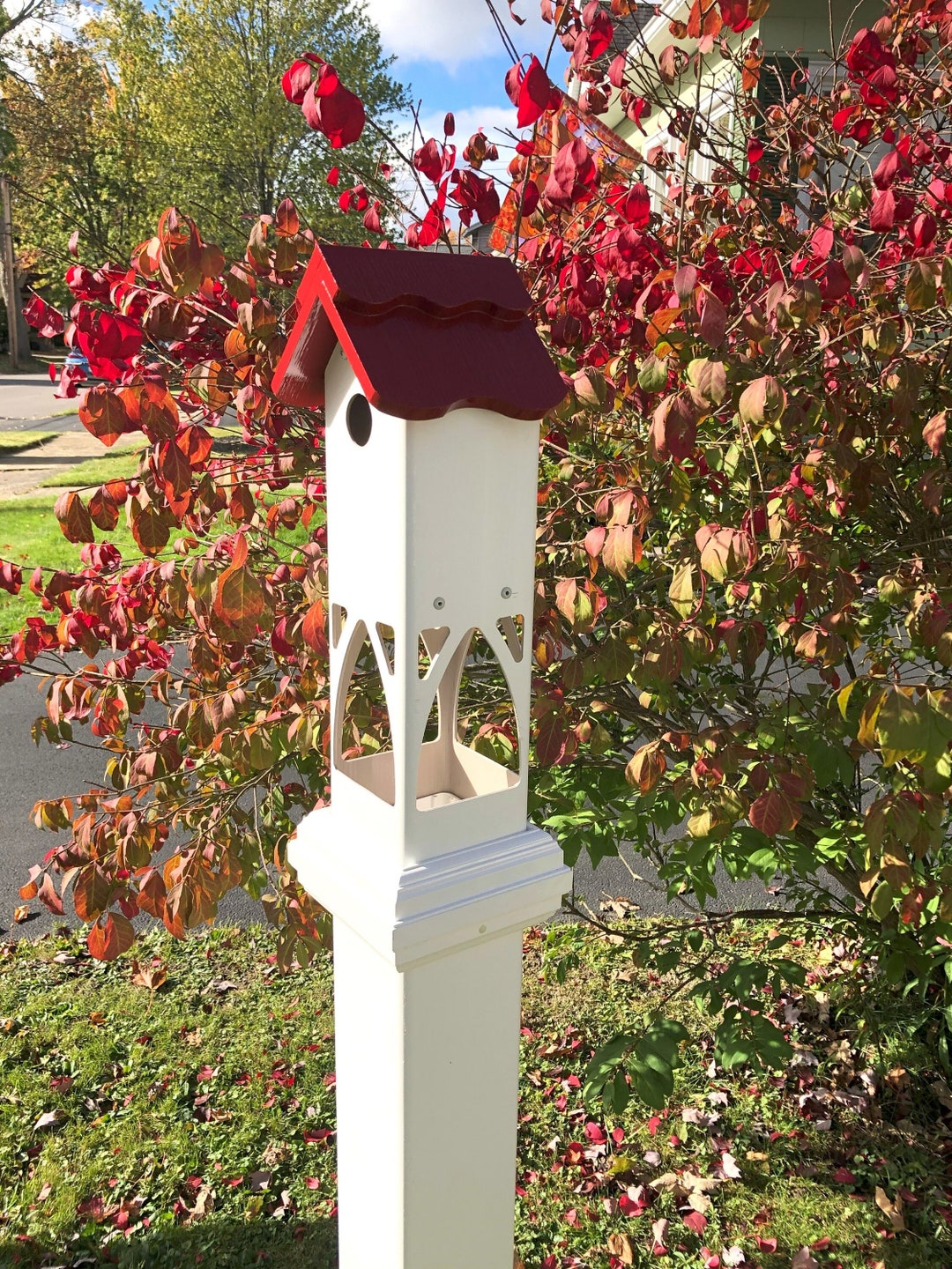 Red Roof PVC Birdhouse & Feeder - Post Mount - Handmade USA - Etsy
