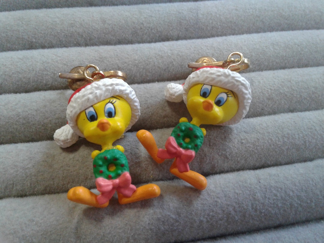 Tweety Bird Santa Hat and Wreath Novelty Clip on Earrings, 1995, Warner ...