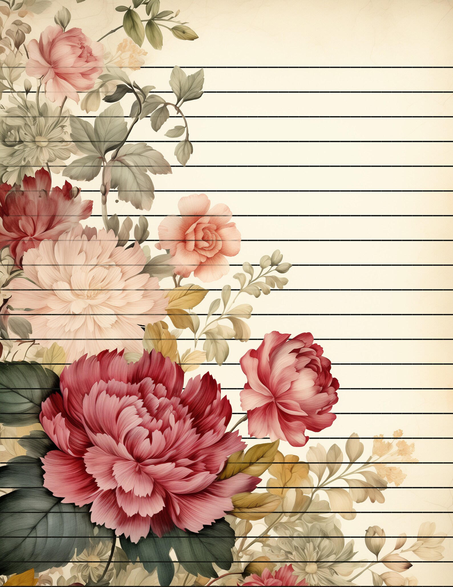 Antique Floral Lined and Unlined Writing Papers for Instant Download in ...