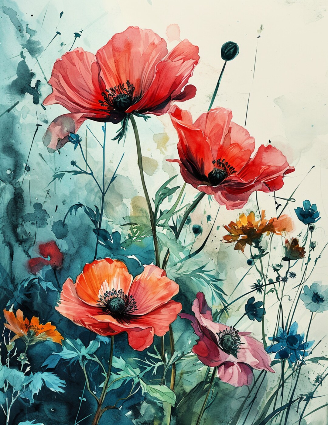 Five Beautiful Wild Poppy Watercolor Background Papers/prints to ...
