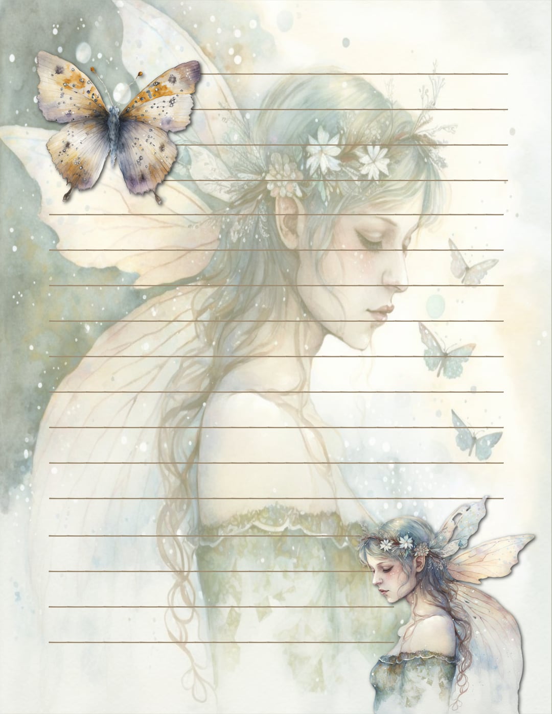 Green Butterfly Fairy Lined and Unlined Writing Papers, Instant ...