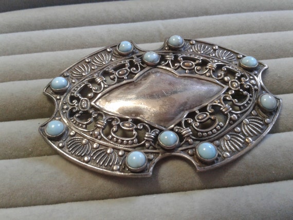 Large Antique Unmarked Silver Victorian Brooch with G… - Gem