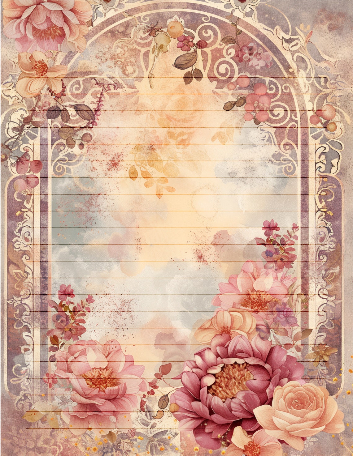 Floral Writing Paper: Lemon Mauve Journaling Stationery (digital ...