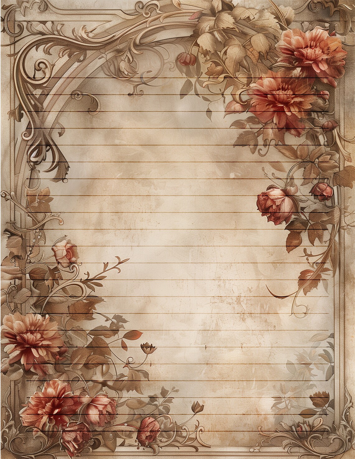 Ruby Red Floral Writing Paper: Printable Journal Pages (digital ...