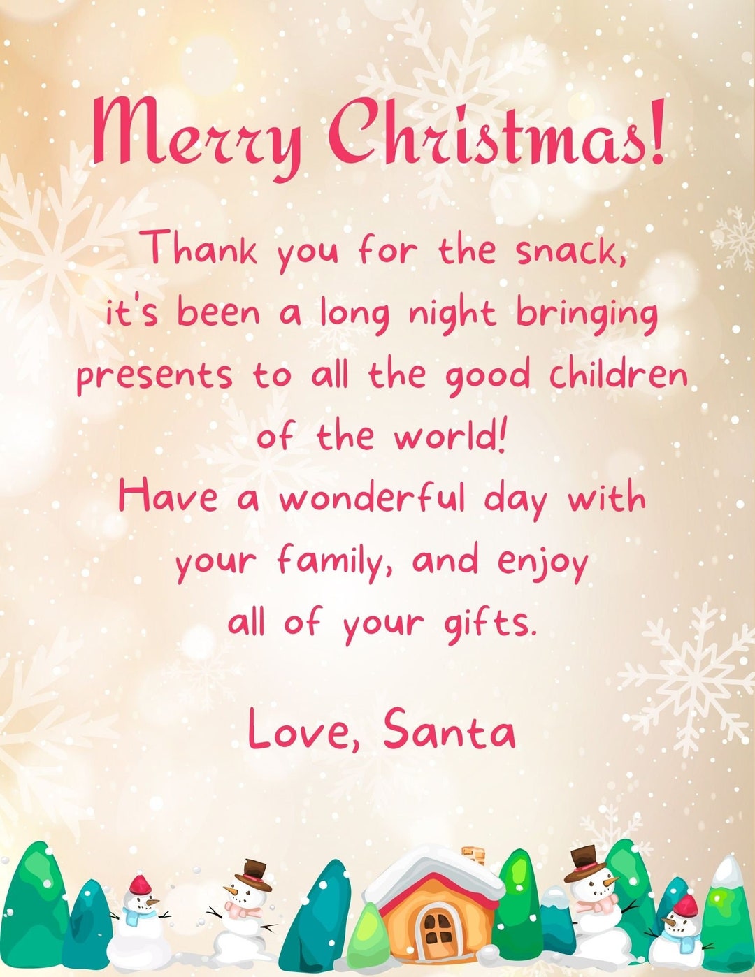 Merry Christmas Note From Santa to Print at Home Instant Download - Etsy