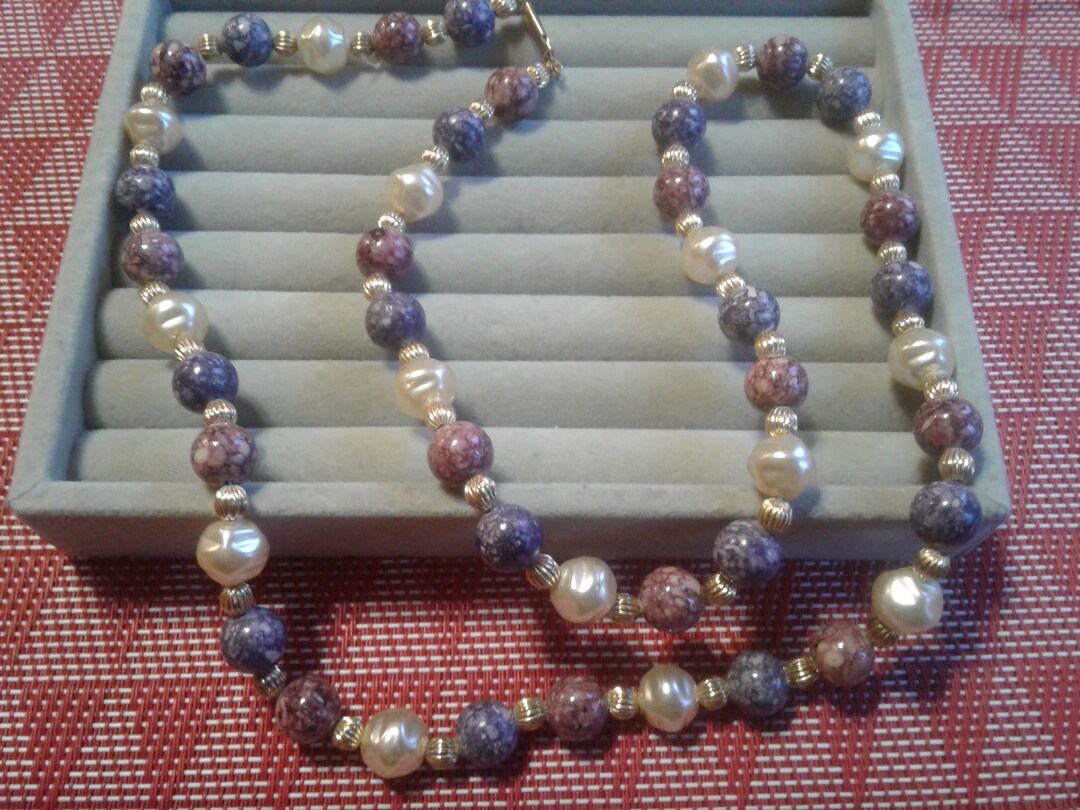 Eighties Beaded Midstrand of Plum and Mauve Mottled Glass Beads, Faux ...