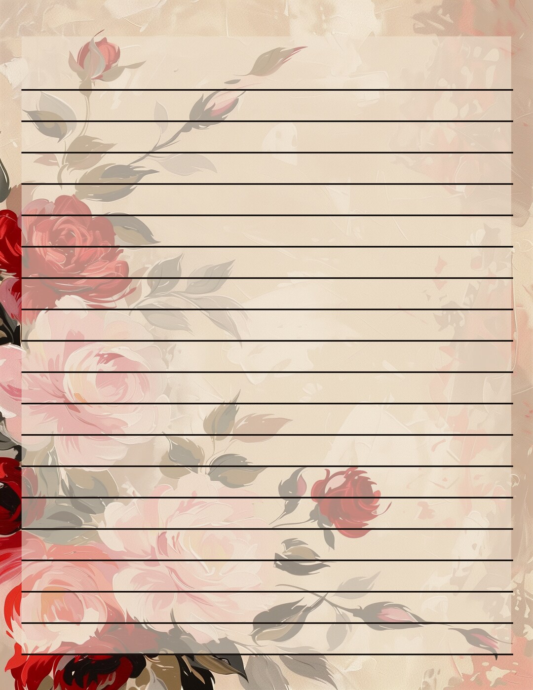 Painted Roses Writing Paper in Four Versions--two Lined and Two Unlined ...