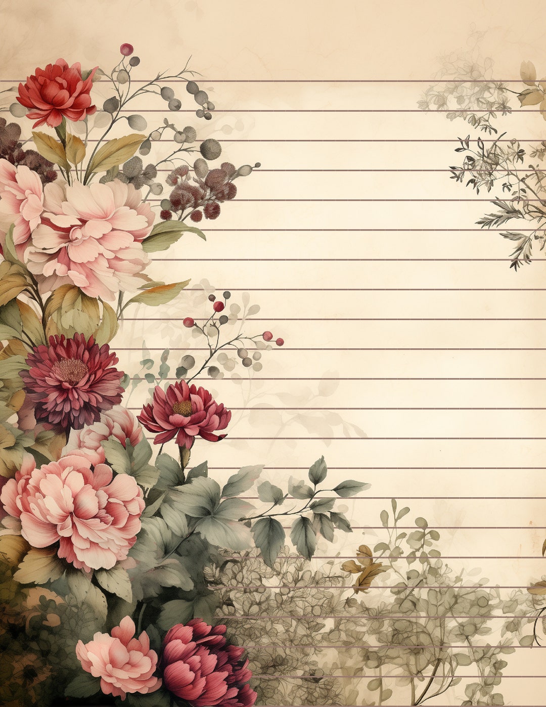 Antique Floral Lined and Unlined Writing Papers for Instant Download in ...