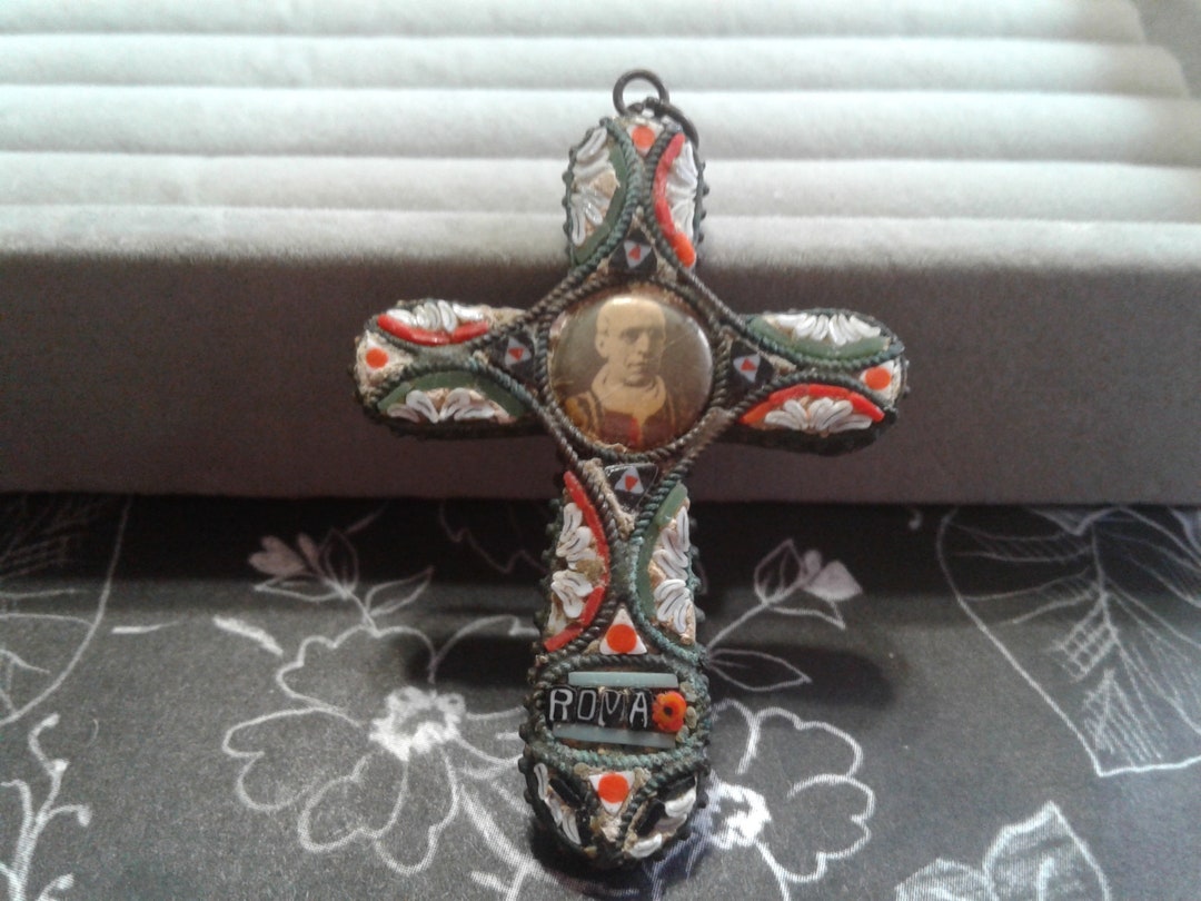Vintage Italian Micro Mosaic 'roma' Cross With Small Photo of Pope Piux ...